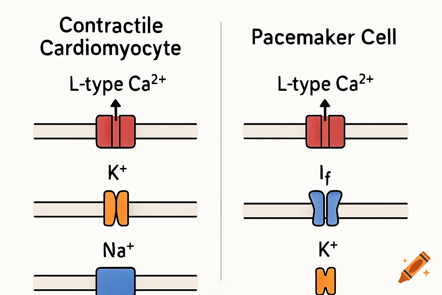 Diagram comparing ion channels in contractile cardiomyocyte and ...