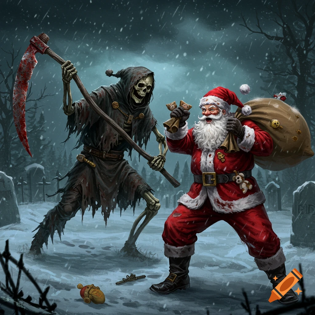 Digital painting of Santa Claus fighting a skeletal Grim Reaper in a ...