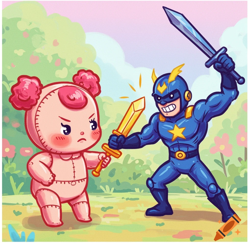 Cartoon drawing of a plush doll and an action figure fighting with ...