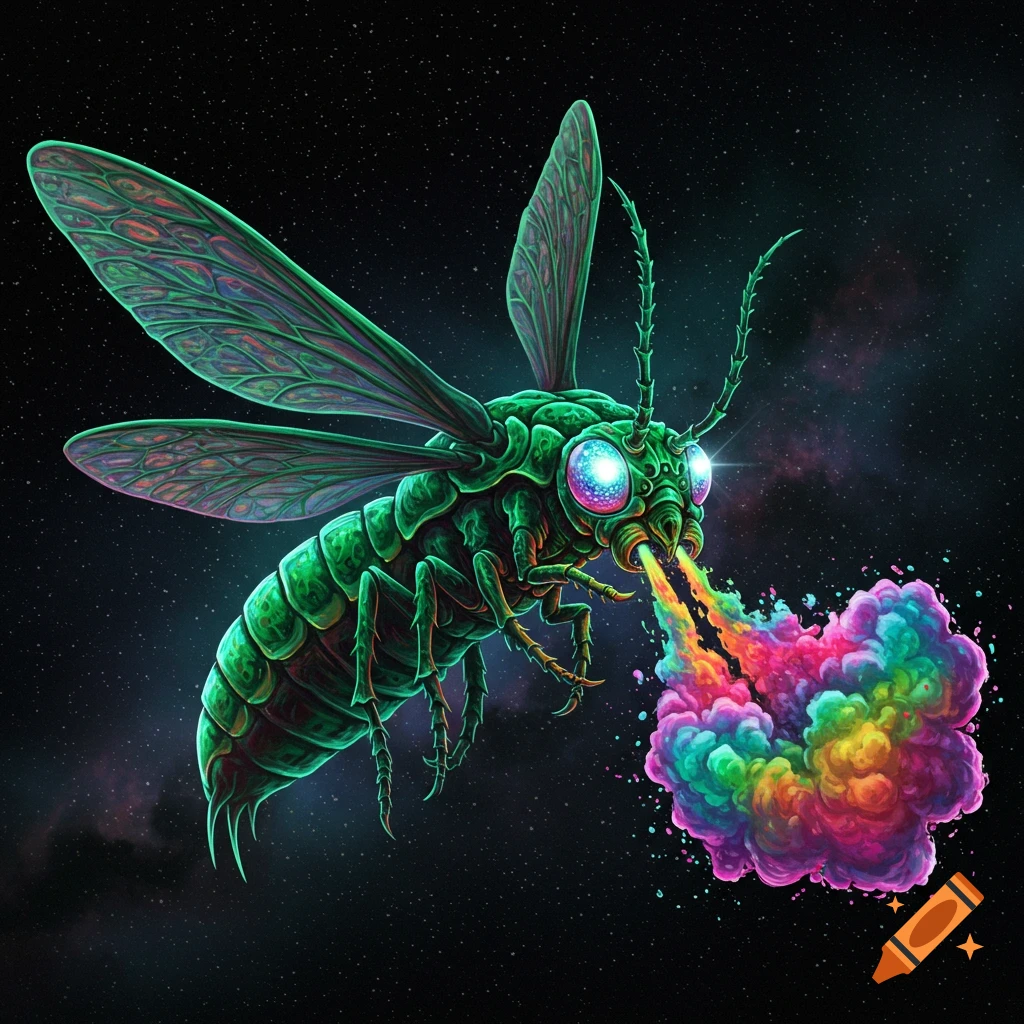 A large green insect with big eyes flies in space shooting rainbow ...