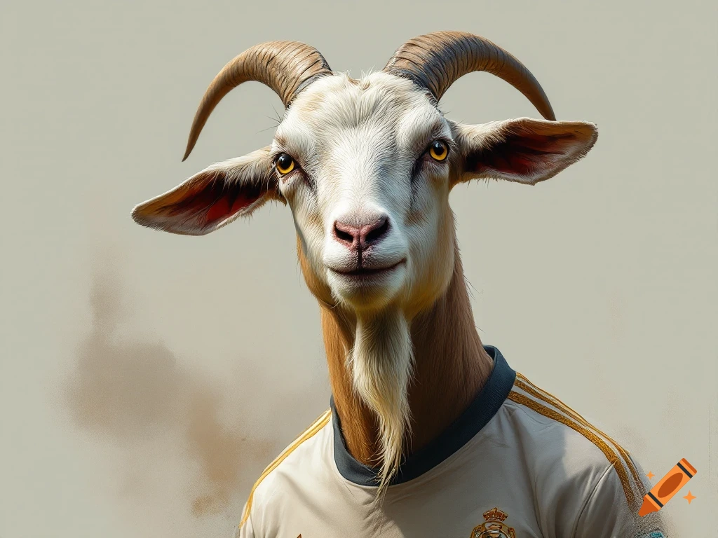 Headshot of a goat wearing a white and gold soccer jersey on Craiyon