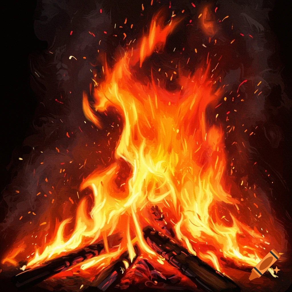 Stylized illustration of a bright fire with orange and yellow flames and sparks flying. on Craiyon