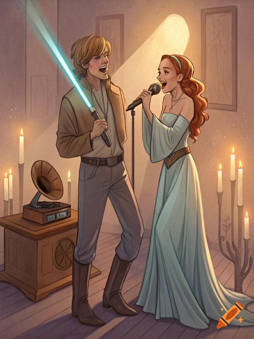 Luke Skywalker and Mara Jade singing with a lightsaber and microphone ...