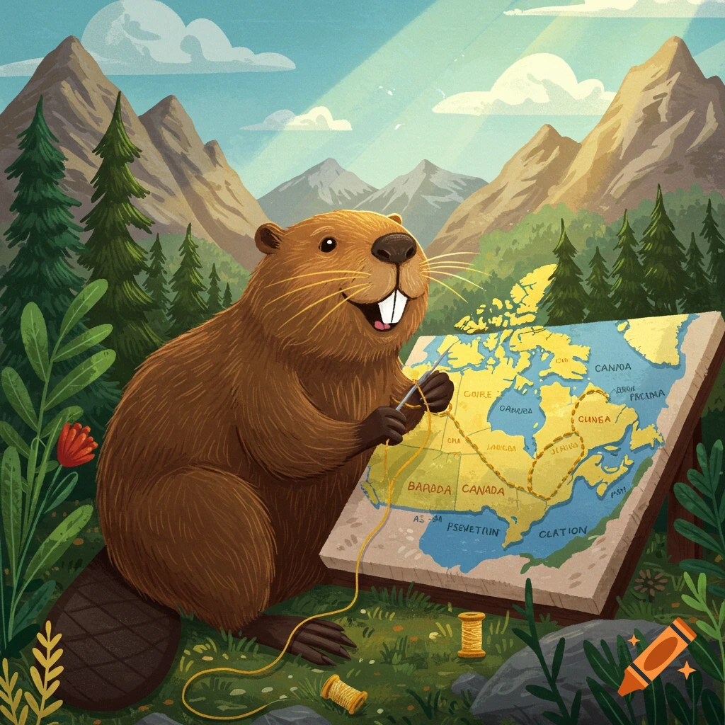 Cartoon beaver sewing a map of Canada in a forest landscape with ...