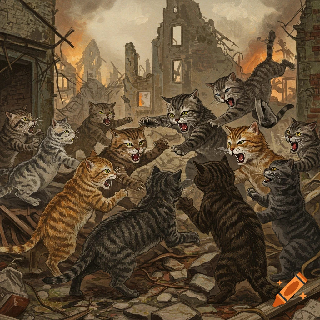 Illustrative painting of cats fighting in war-torn ruins. on Craiyon