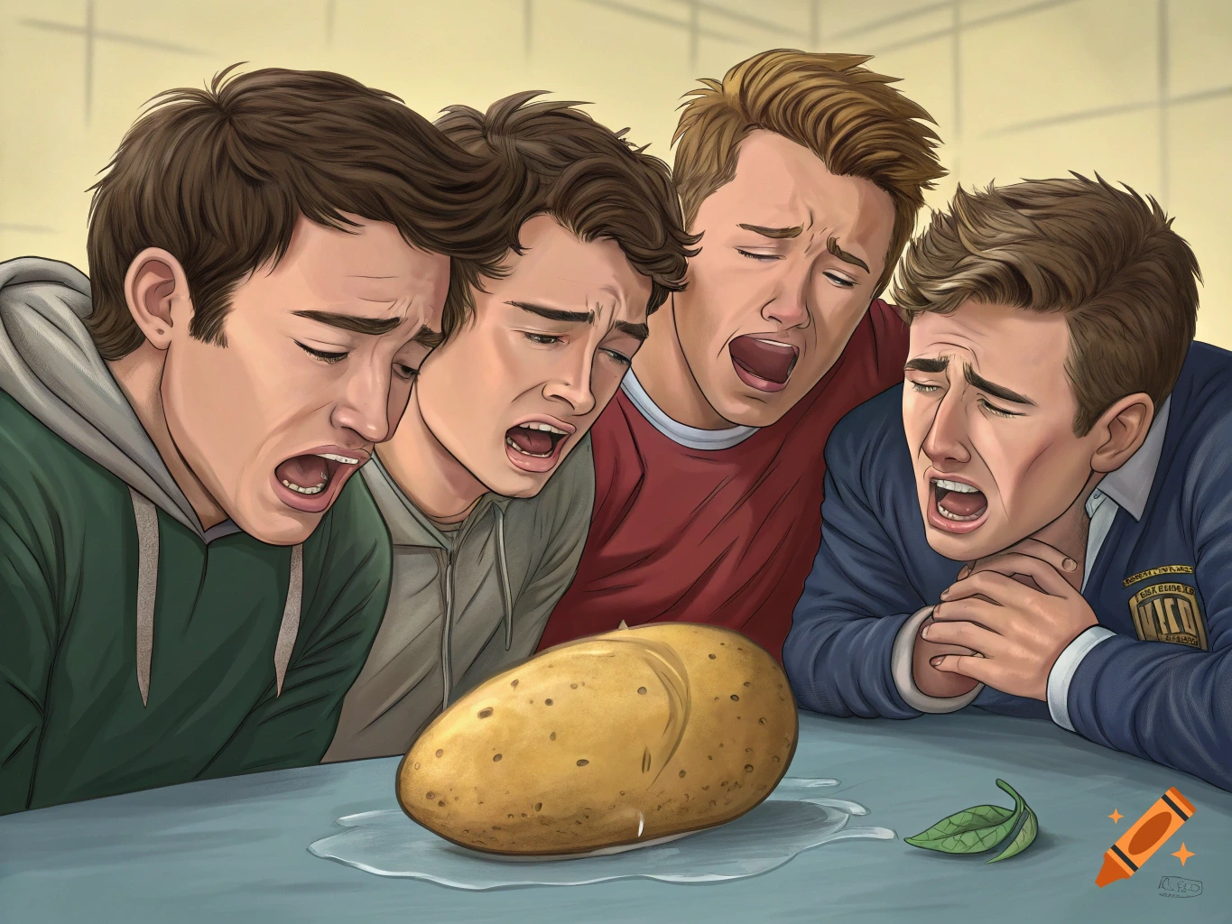 Four cartoon-style men cry dramatically over a potato on a table. on ...