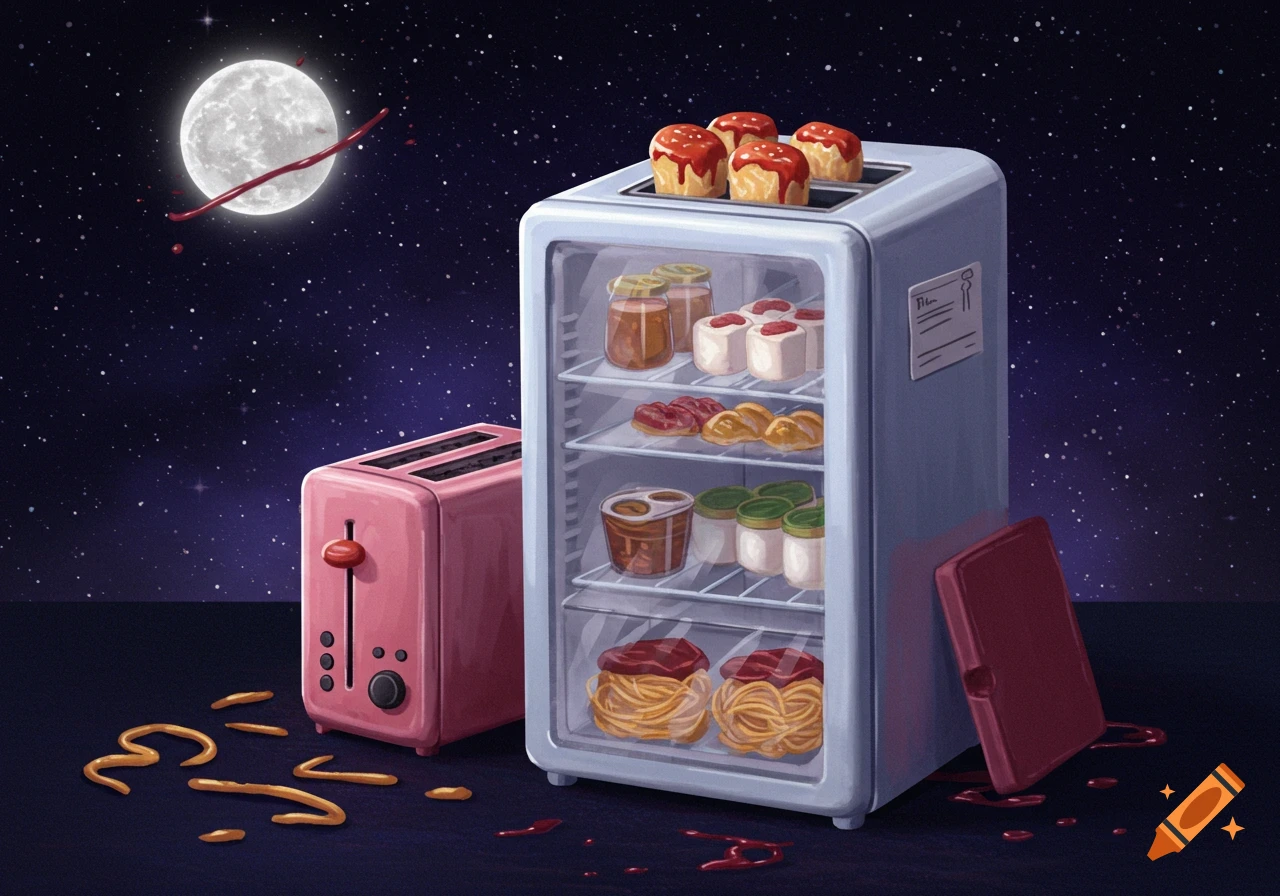 An illustration shows a pink toaster and a light blue refrigerator ...