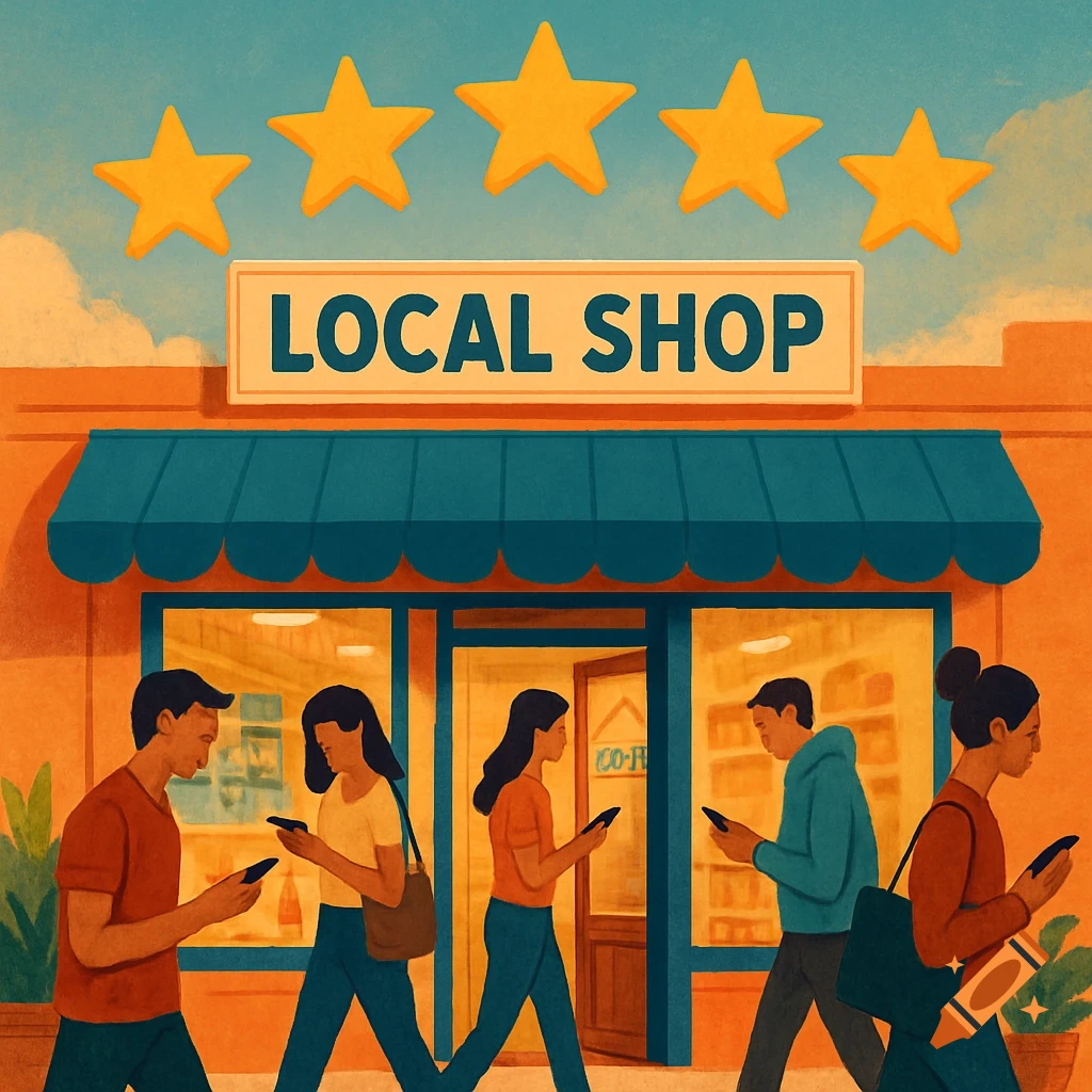 An illustration shows people walking past a shop with a 'LOCAL SHOP ...
