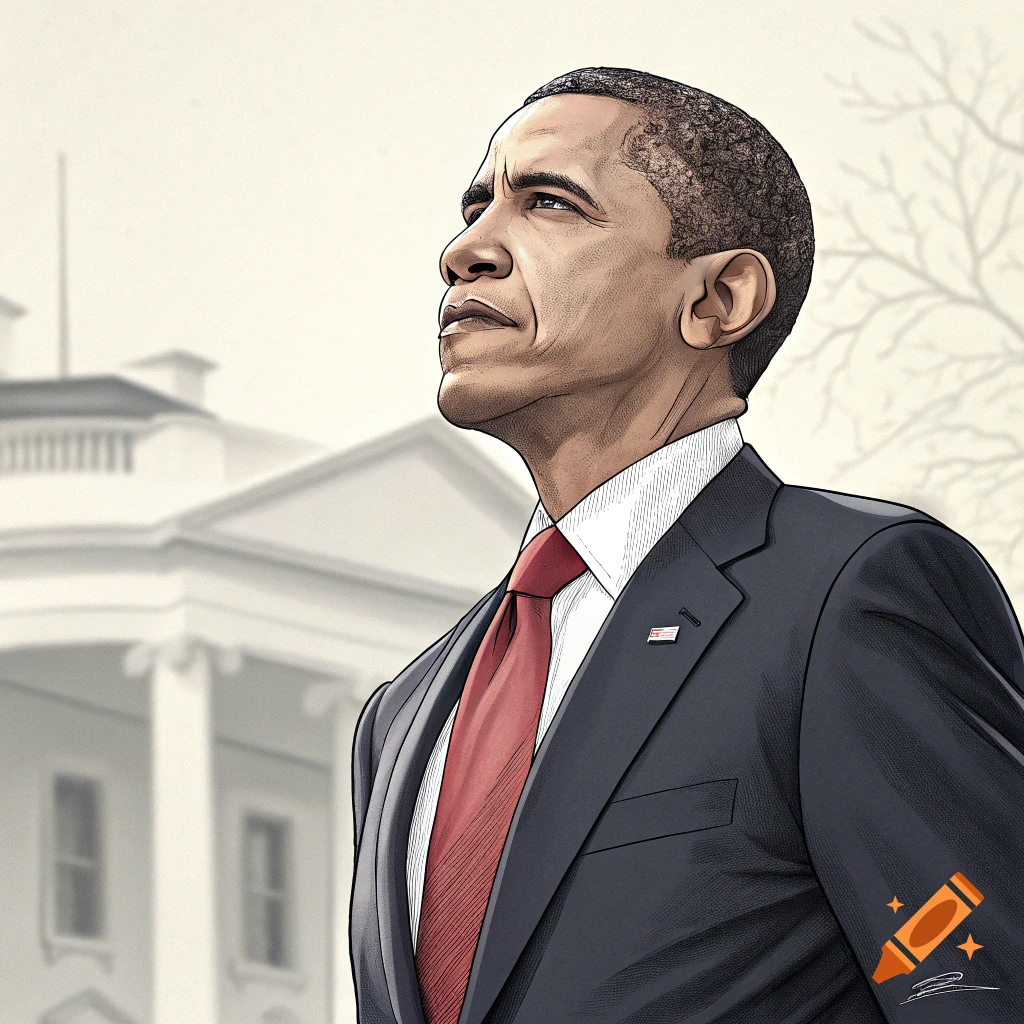 Stylized portrait of Barack Obama in a suit standing in front of the ...