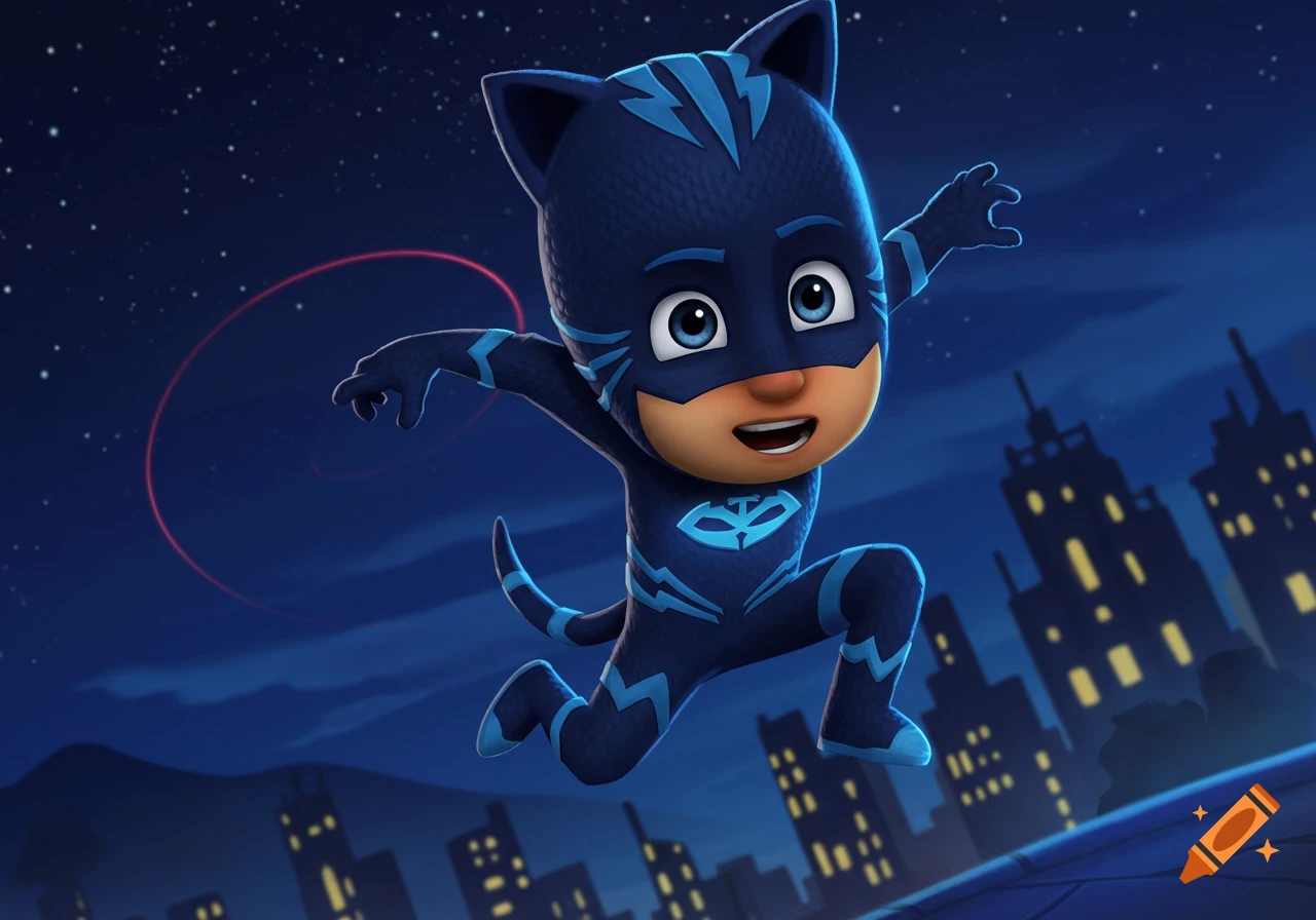 Catboy from PJ Masks leaping over a city skyline at night. on Craiyon