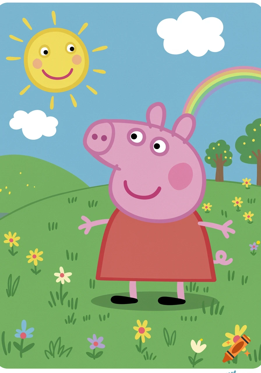 Cartoon of Peppa Pig in a field with flowers, a smiling sun, clouds, and a rainbow. on Craiyon