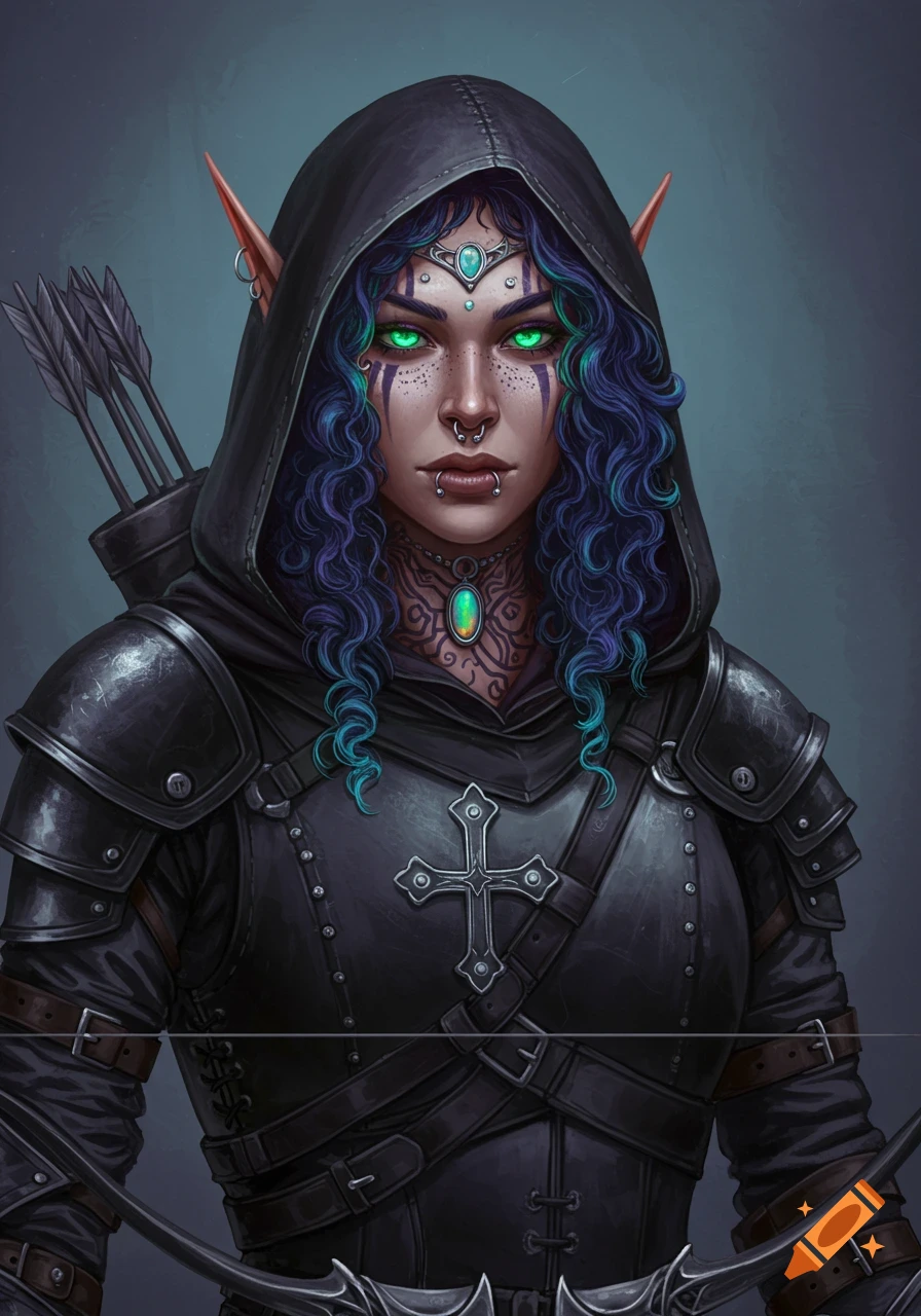 A close-up portrait of an elven rogue in black leather armor and hood ...