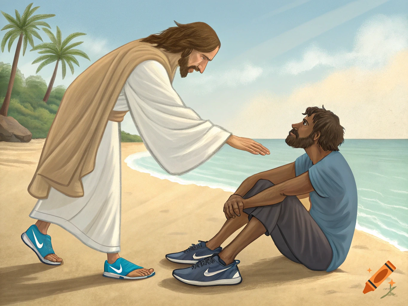 Illustration of Jesus reaching out to a man on a beach, both wearing ...