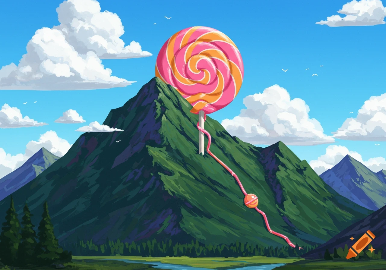 A giant pink and orange lollipop on top of a mountain in a valley ...