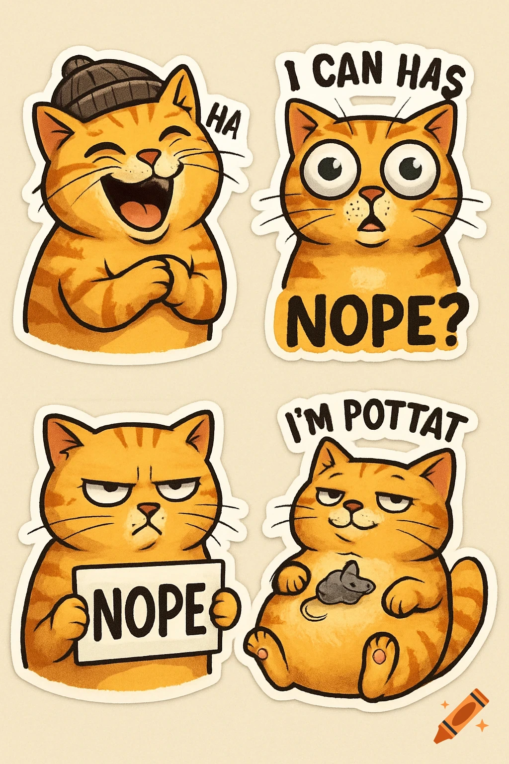 Four cartoon cat stickers with meme text: one laughing, one surprised ...