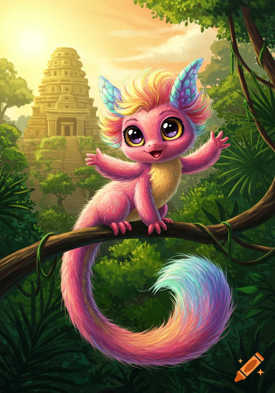 A cute pink fantasy creature with colorful fur and wings sits on a ...