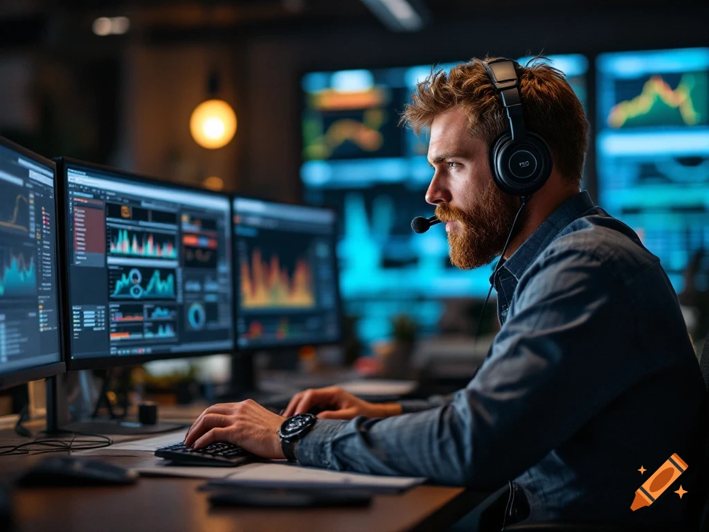 Man wearing headphones with a mic working at multiple computer monitors displaying data charts ...