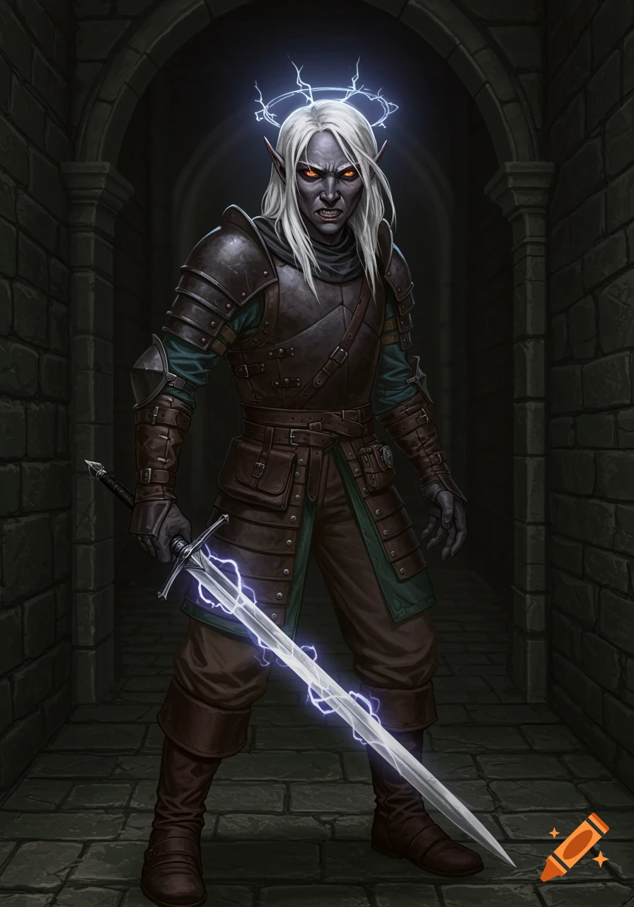 A dark-skinned elf with white hair and glowing eyes stands in a hallway ...