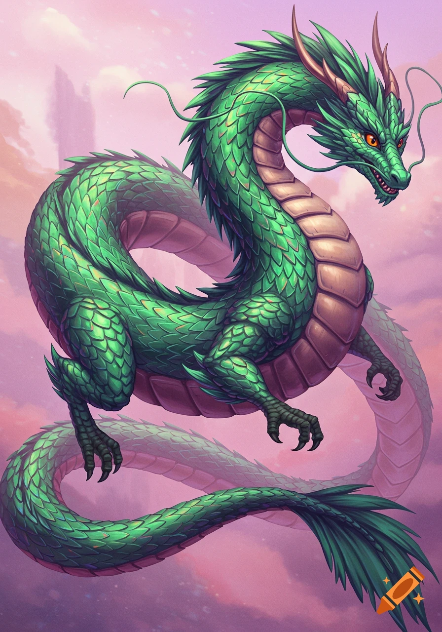 A green Eastern dragon flies through a pink cloudy sky. on Craiyon