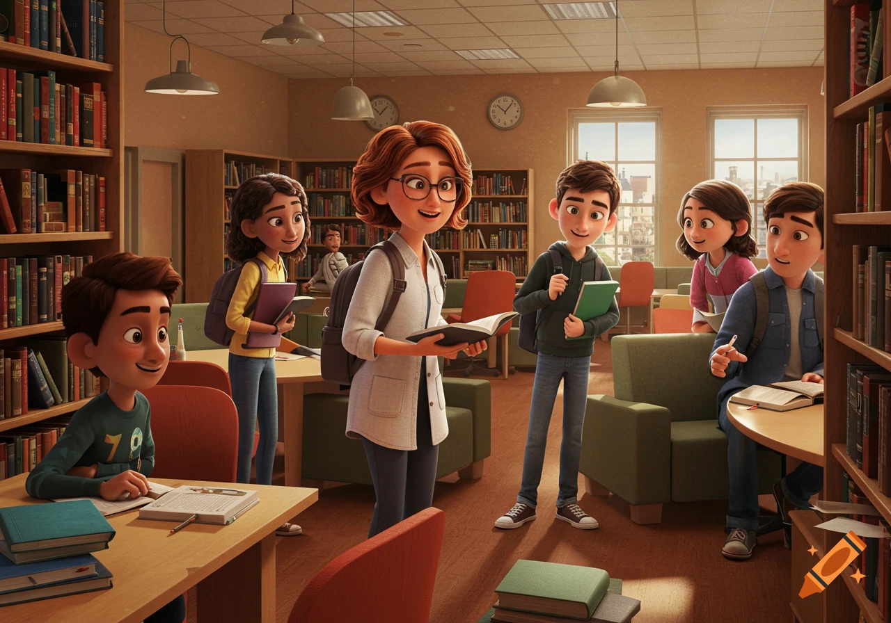 Students and a librarian stand among bookshelves in a bright library ...