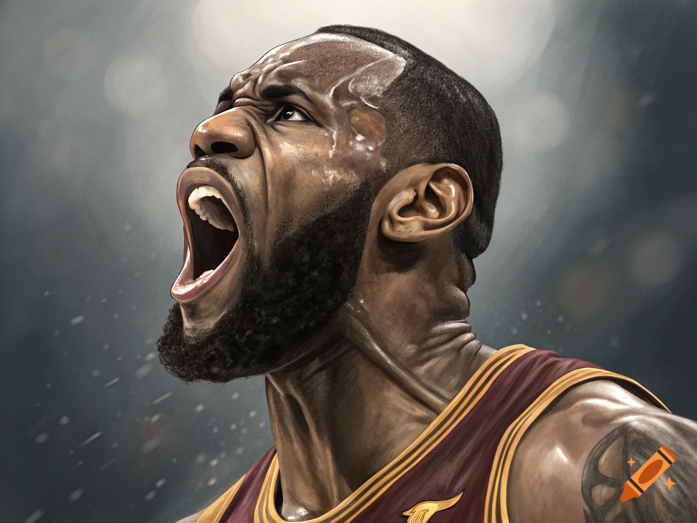 Close-up portrait of LeBron James shouting in a basketball jersey on ...