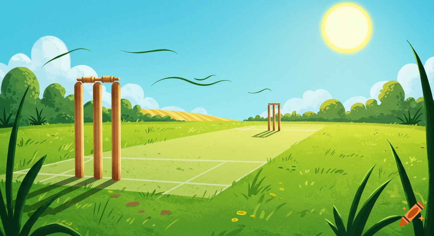 Cartoon illustration of a sunny cricket field with wickets. on Craiyon