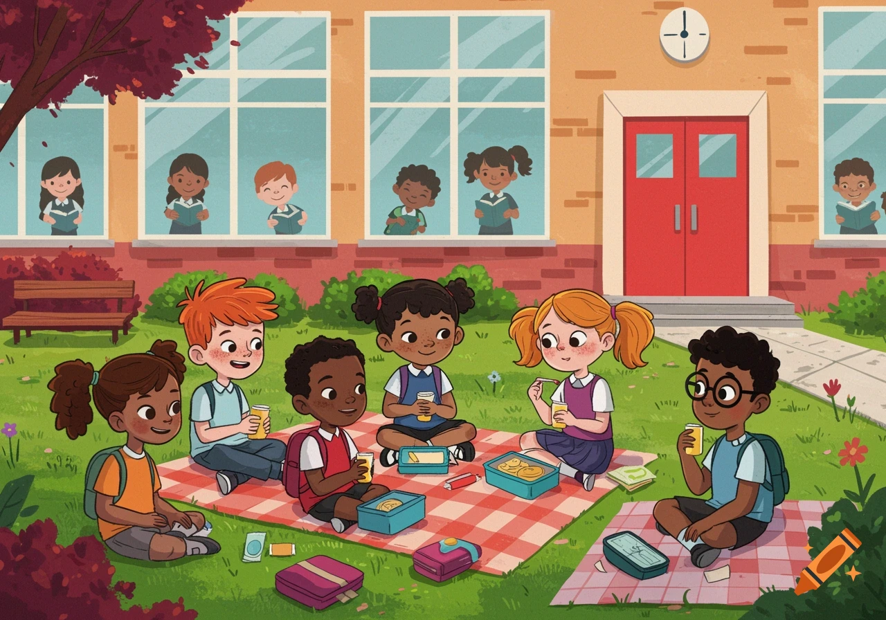 Cartoon illustration of school children having a picnic on the grass ...