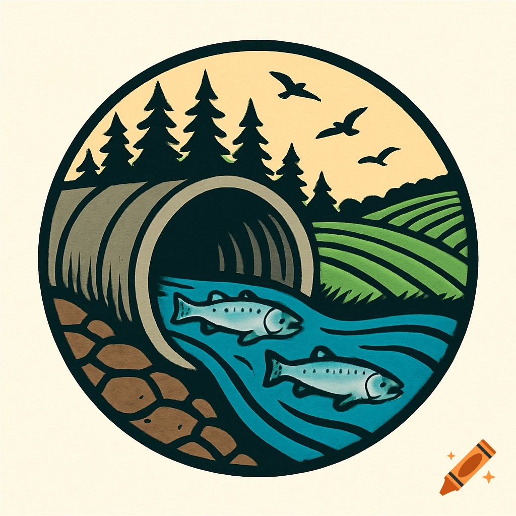 Circular graphic logo illustration depicting fish swimming from a ...