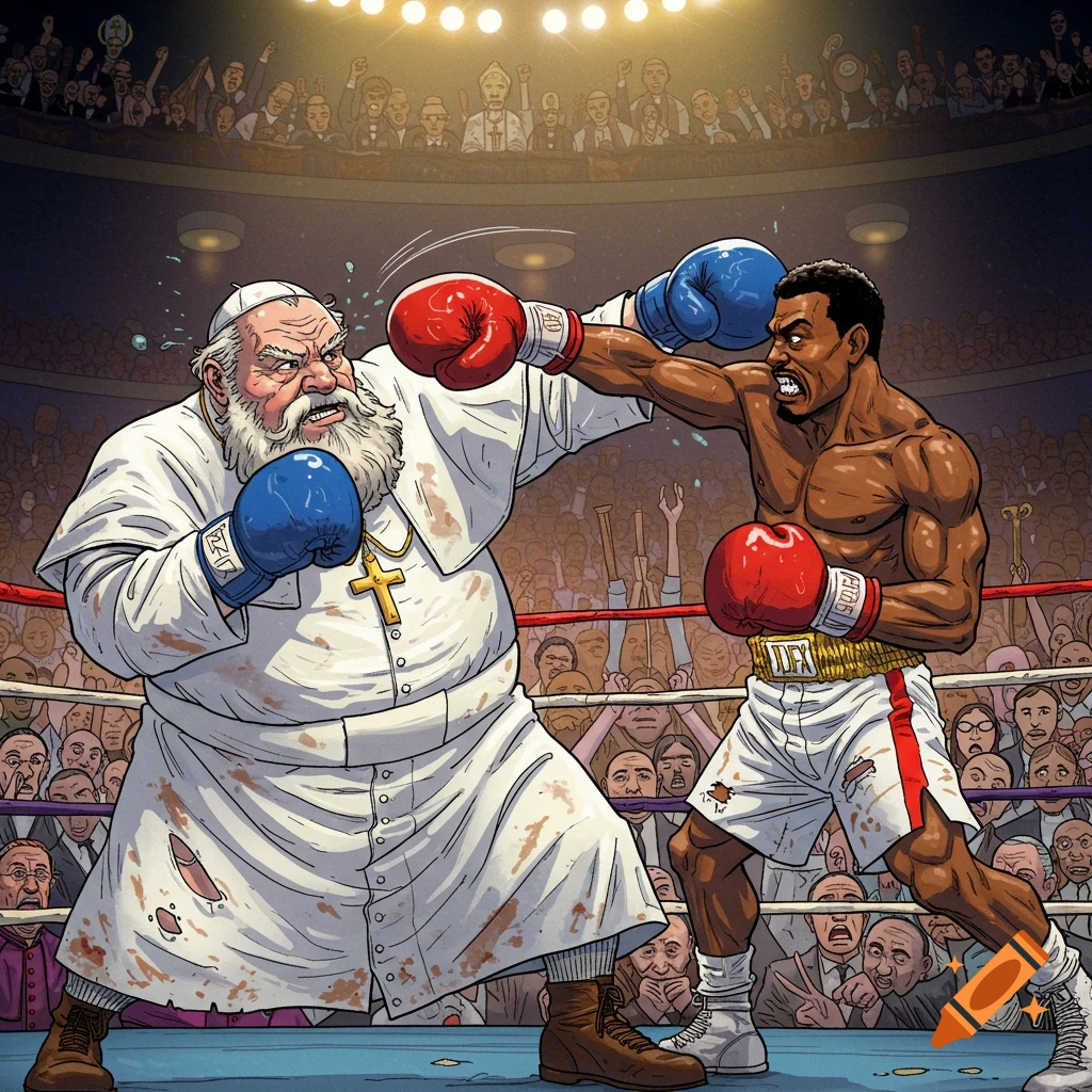 Cartoon illustration of a pope boxing a man in a ring surrounded by ...