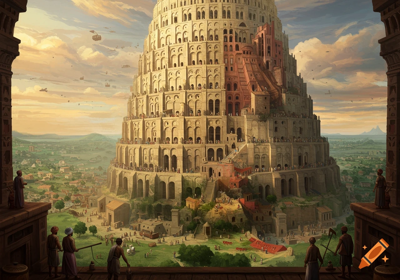 Detailed painting of the Tower of Babel towering over a city and ...