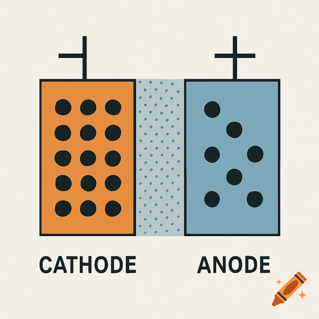 Stylized diagram showing a cathode and anode labelled. on Craiyon