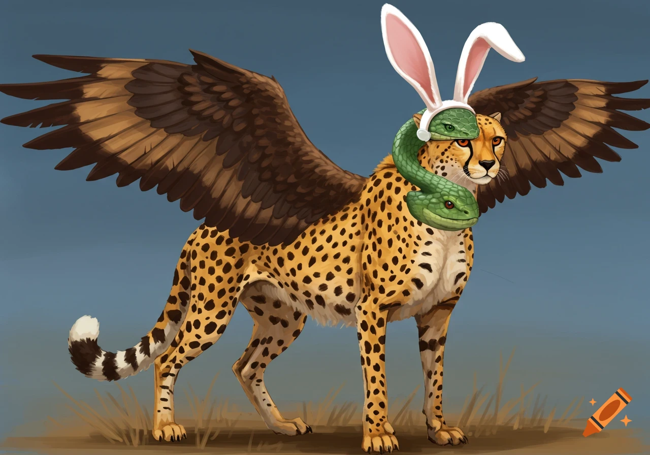 Fantasy creature: a cheetah with a green snake wrapped around its head ...