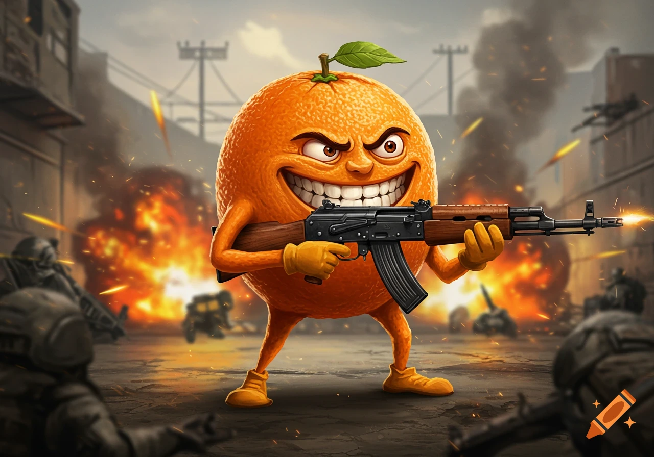 Cartoon orange character holds an assault rifle in a chaotic combat ...