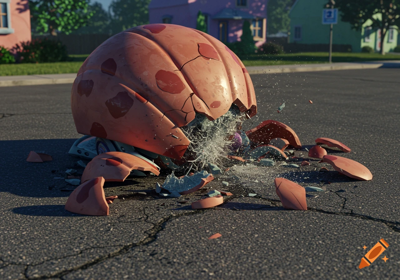 A shattered shell-shaped car lies in pieces on asphalt with debris ...