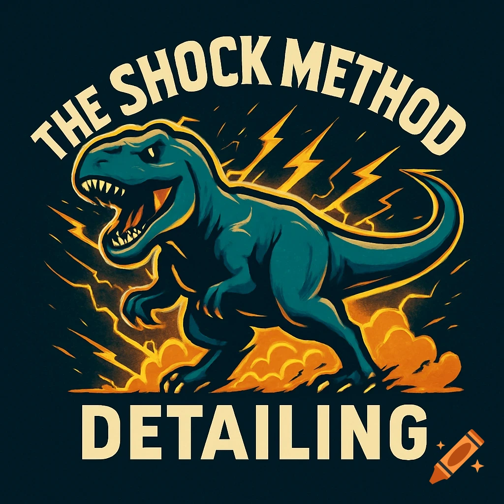 Illustration of a dynamic T-Rex with lightning, text reads 'The Shock ...