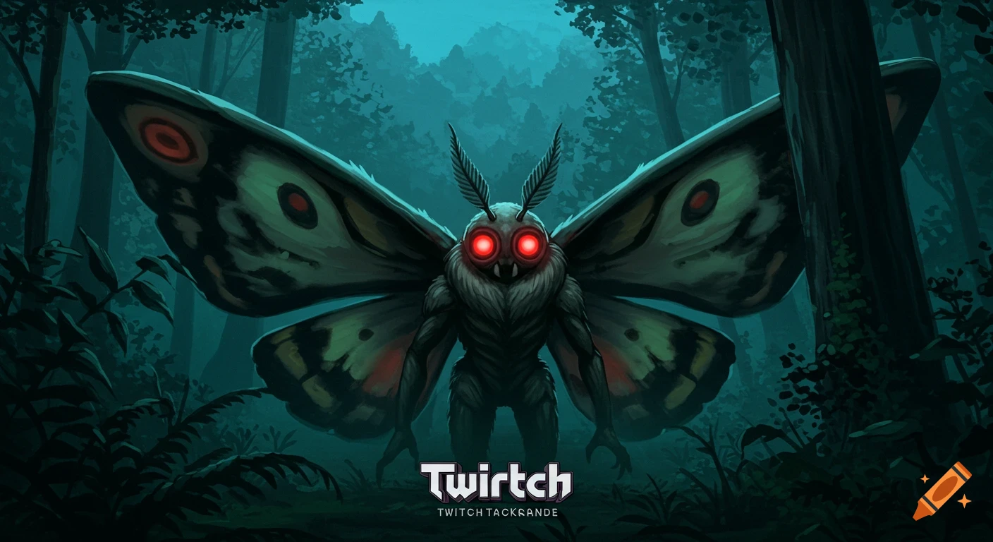 Stylized illustration of Mothman with red eyes in a dark forest. on Craiyon