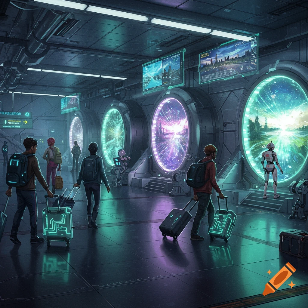 Sci-fi teleporter station with people and robots traveling through ...