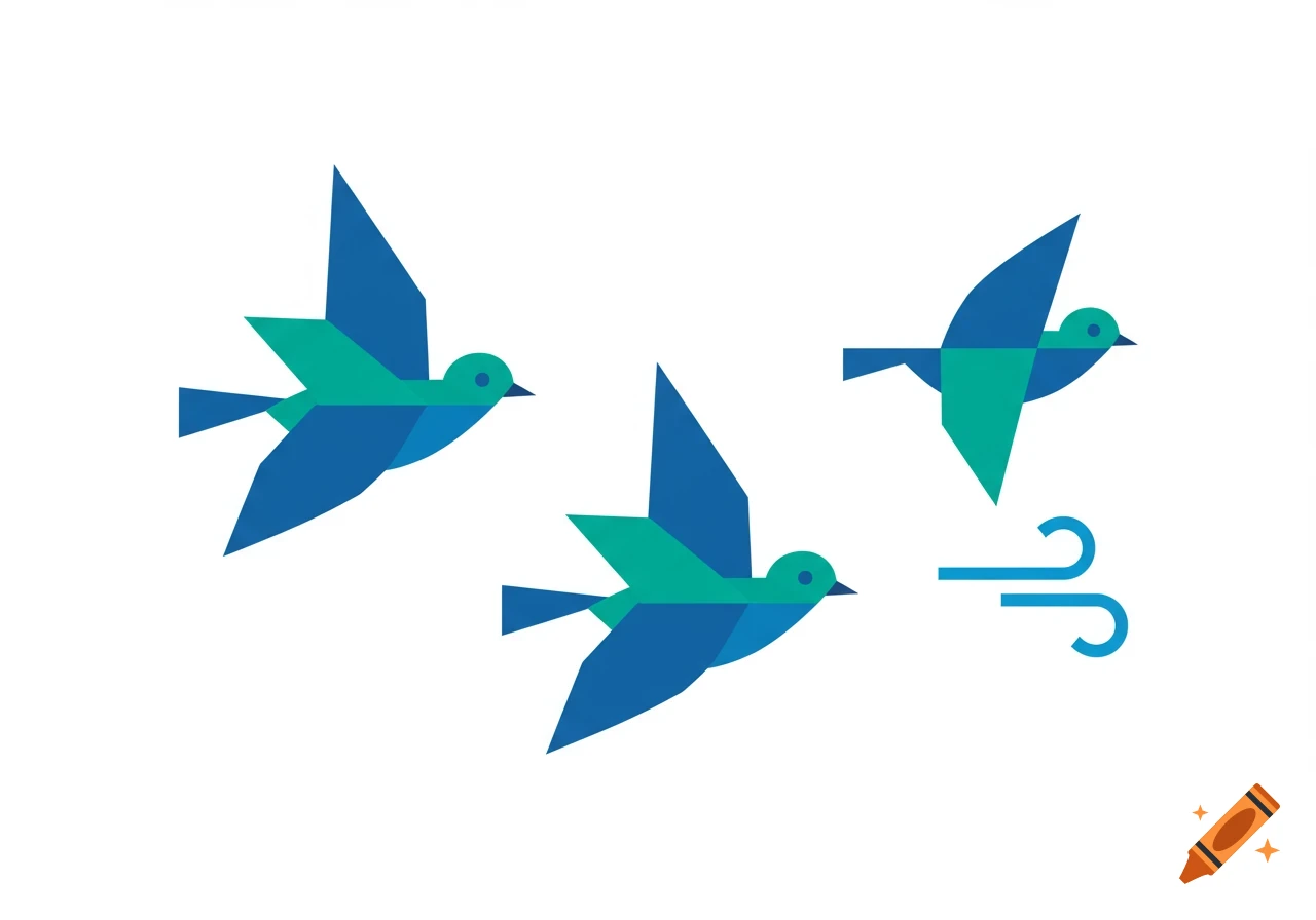 Three blue and green geometric birds flying with wind lines. on Craiyon