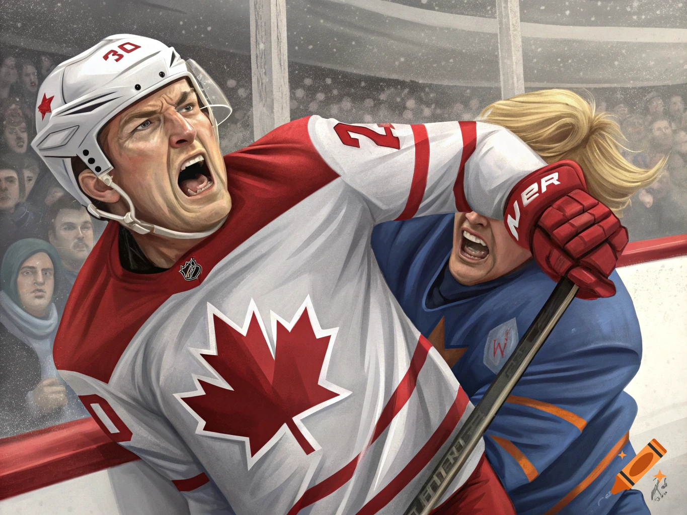 Illustration of two hockey players in a rough check or fight on the ice ...