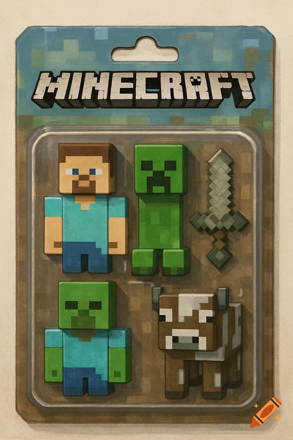 Minecraft action figures in packaging with Steve, Creeper, Zombie, Cow ...