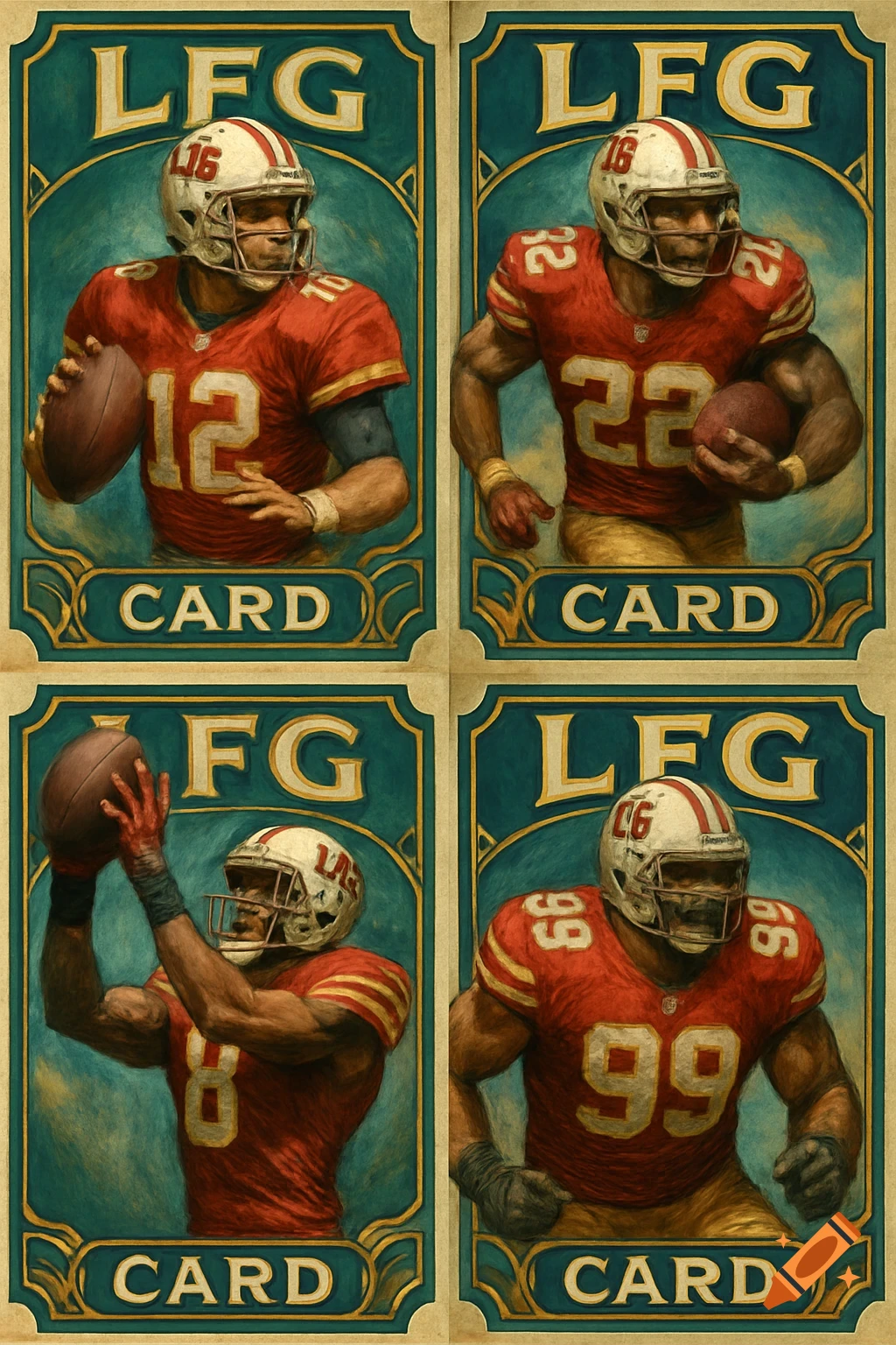 Four panels showing painting-style portraits of football players on ...