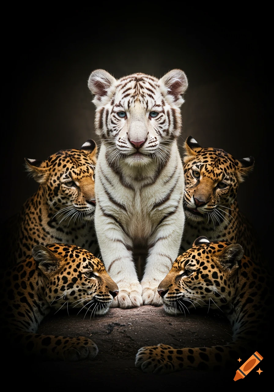 A white tiger cub stands between jaguars or leopards in a dark ...