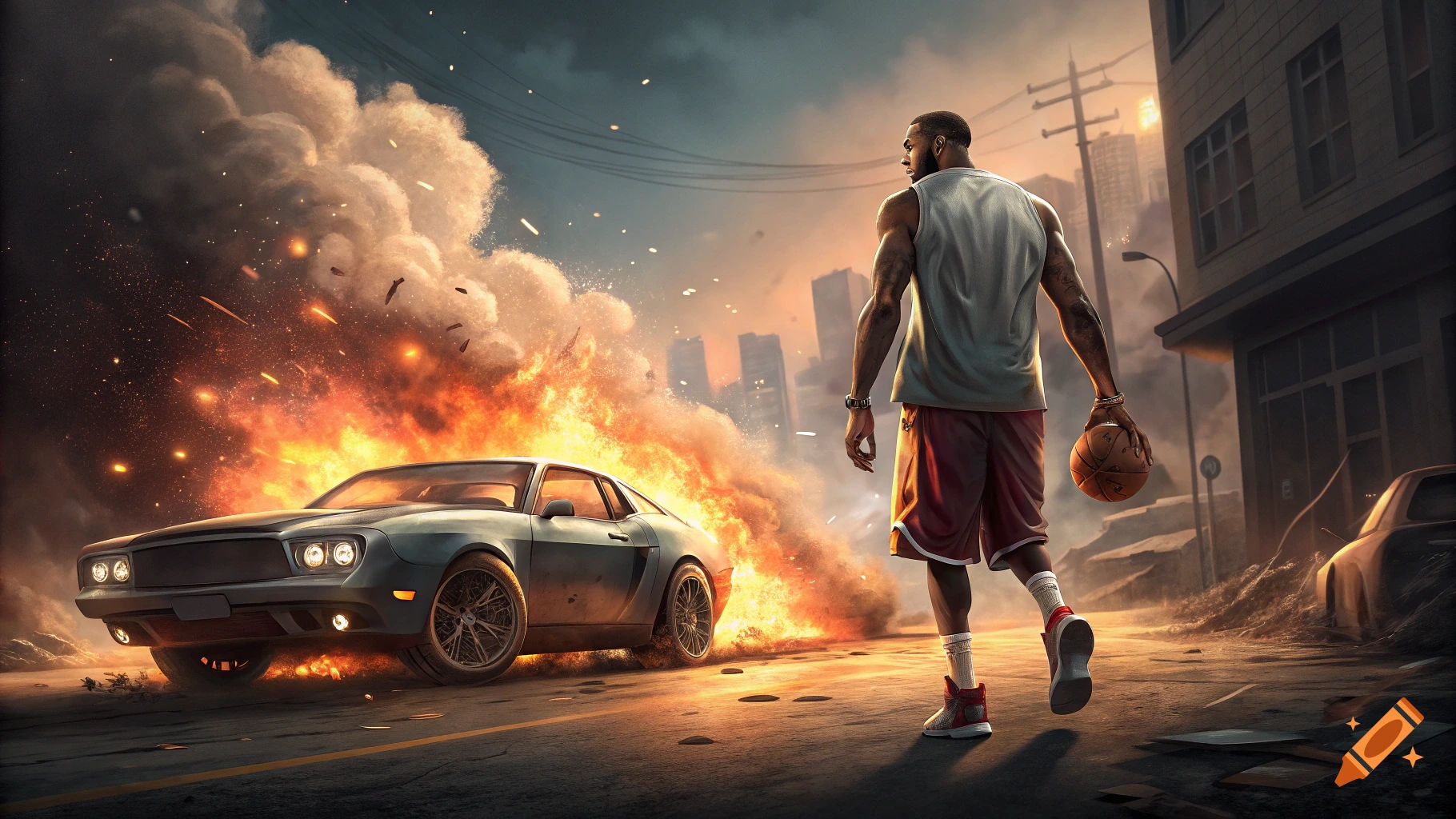 Lebron James walks away from an exploding car on a street. on Craiyon