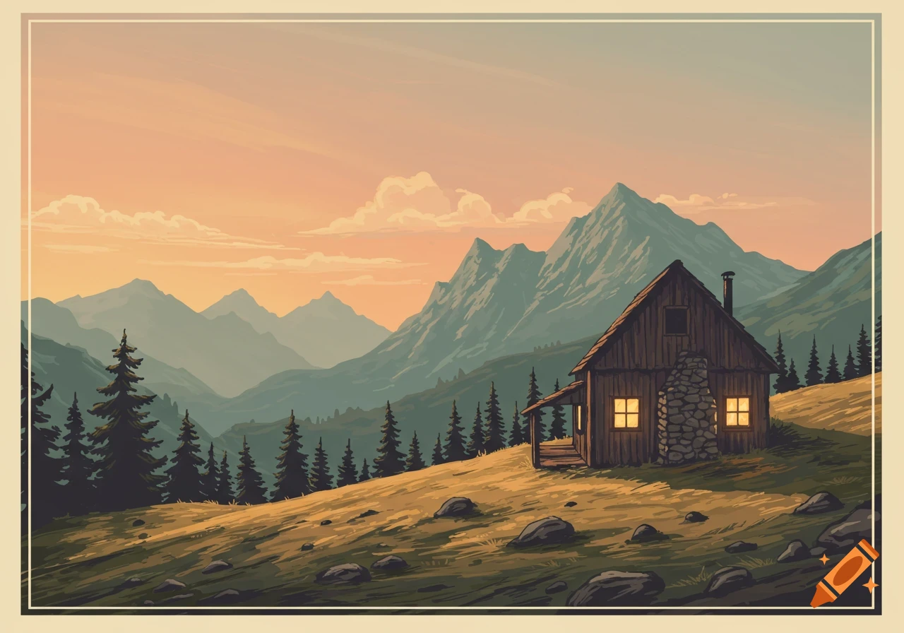 Stylized image of a wooden cabin on a slope with trees and mountains ...