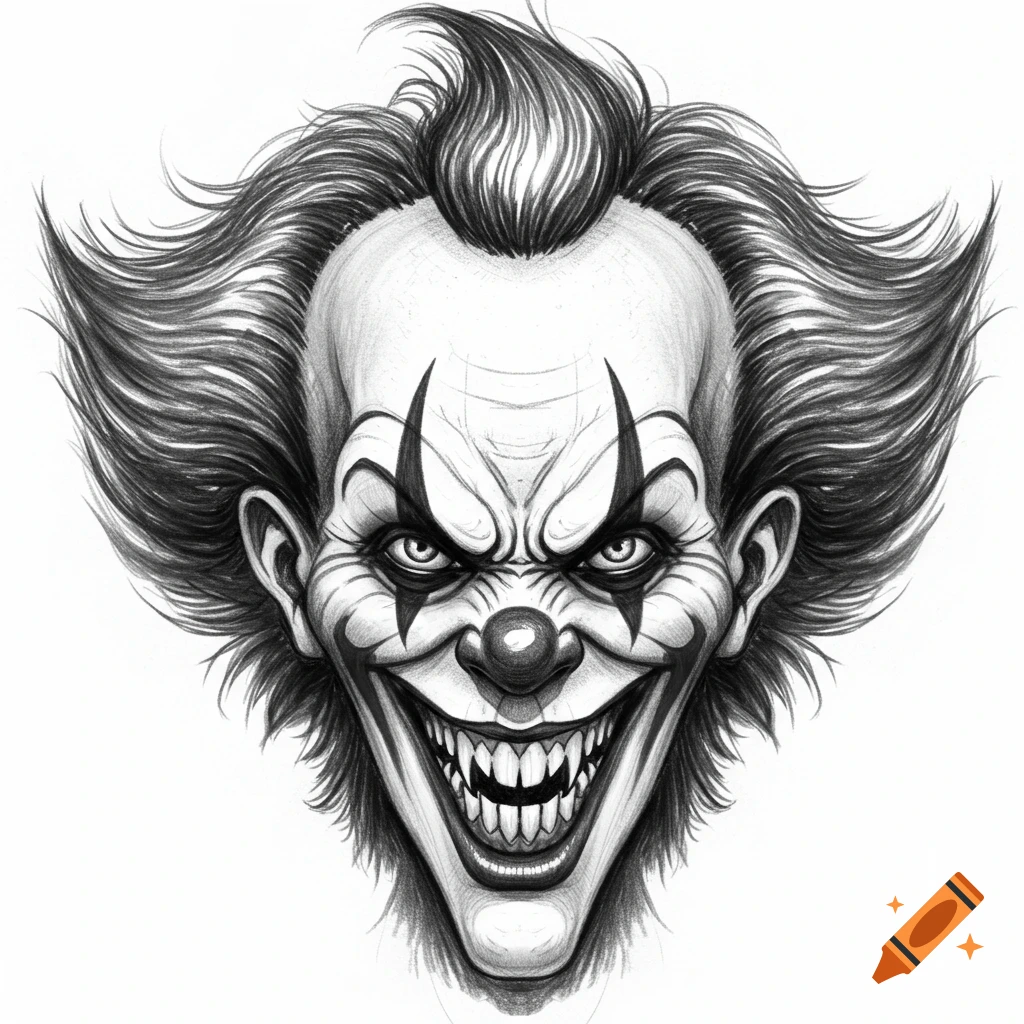 Pencil sketch of an evil clown face with a wide, toothy grin. on Craiyon