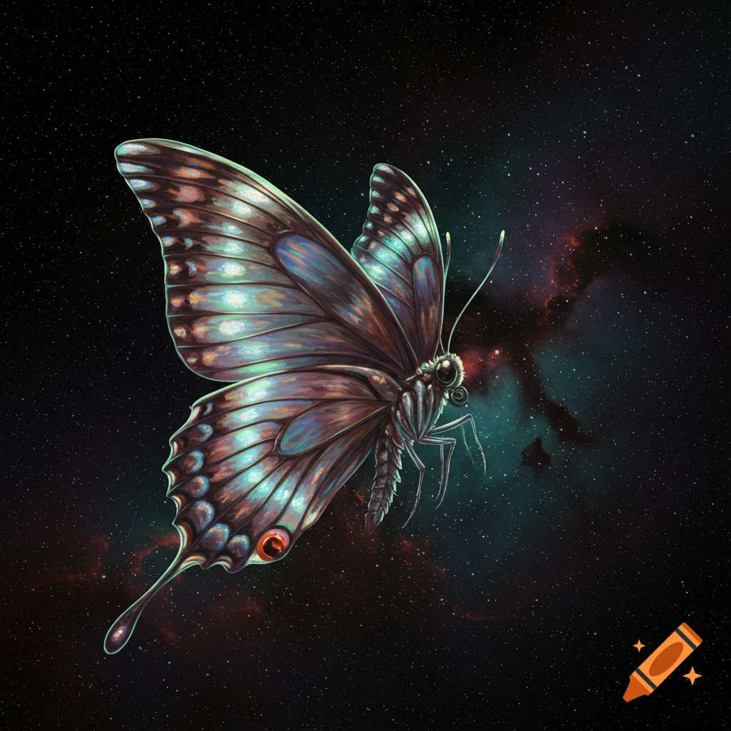 A detailed illustration of a butterfly in space, with nebula and stars in the background. on Craiyon