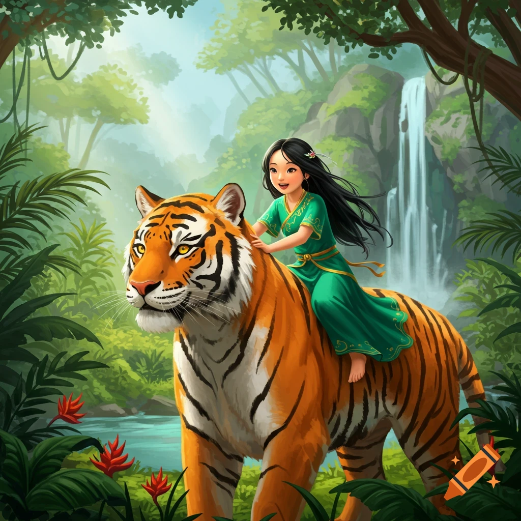 Illustration of a girl riding a tiger in a jungle with a waterfall. on ...