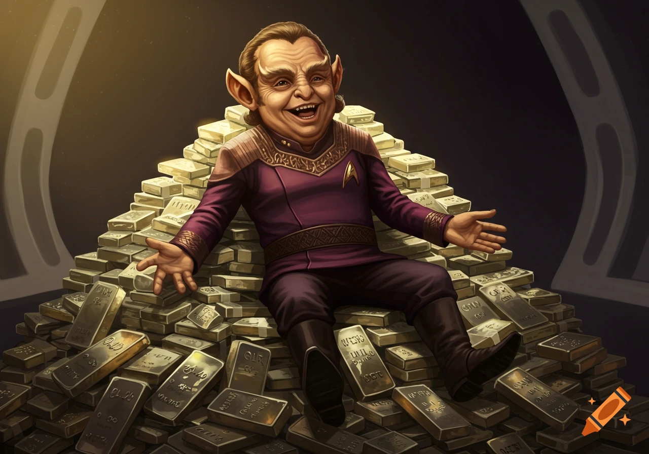 A smiling Ferengi character from Star Trek sits atop a large pile of ...
