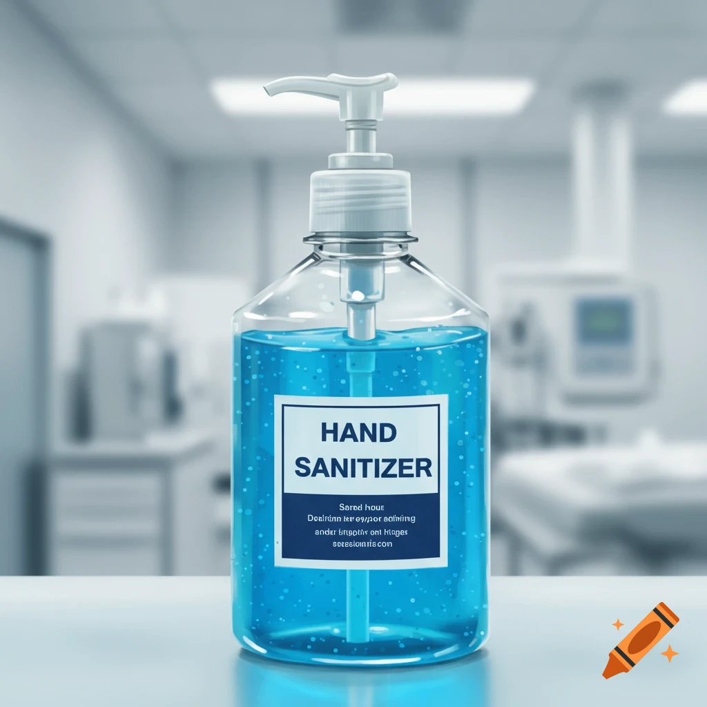 A clear plastic bottle of blue hand sanitizer gel in a room. on Craiyon
