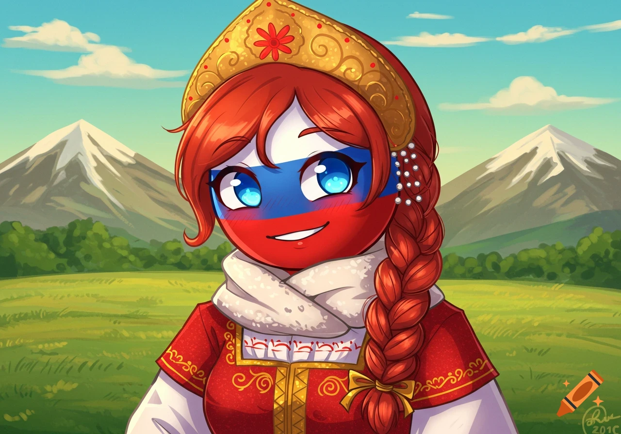 Anime-style illustration of a personified Russia in traditional dress ...